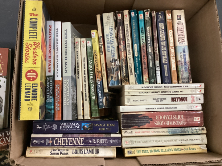 BOX OF WESTERN BOOKS - LOUIS L'AMOUR, WILLIAM JOHNSTON