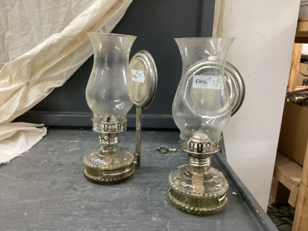 (2) MATCHING KEROSENE LAMPS W/ WALL MOUNT REFLECTOR PLATES