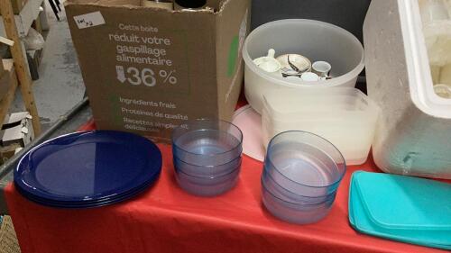 STYROFOAM COOLER W/ PLASTIC CUPS & BOX W/ TUPPERWARE PLATES, BOWLS, AND ...