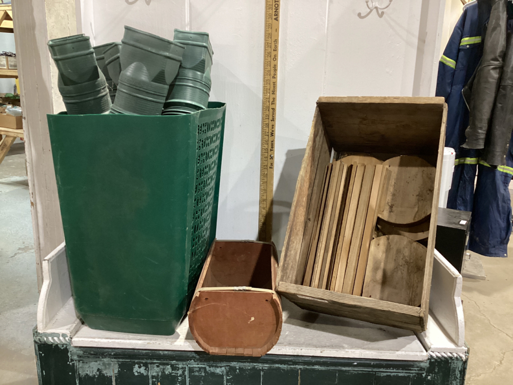 2 BOXES - DOWNSPOUT FLEX SPOUTS, WOOD CRATE, PLANTER