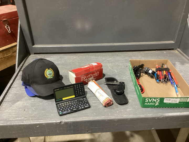 HATS, DOOR LOCK, PENCILS, JACK KNIFE, SHARP ELECTRONIC ORGANIZER ...