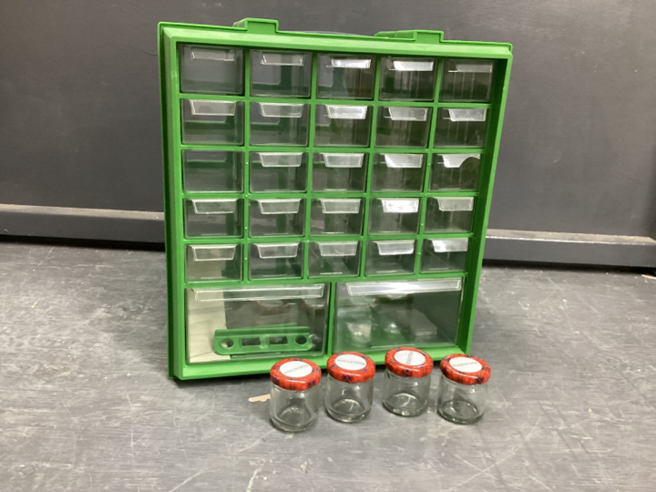 SMALL PLASTIC ORGANIZER W/ (2) LARGE CUBBIES, (25) SMALL CUBBIES